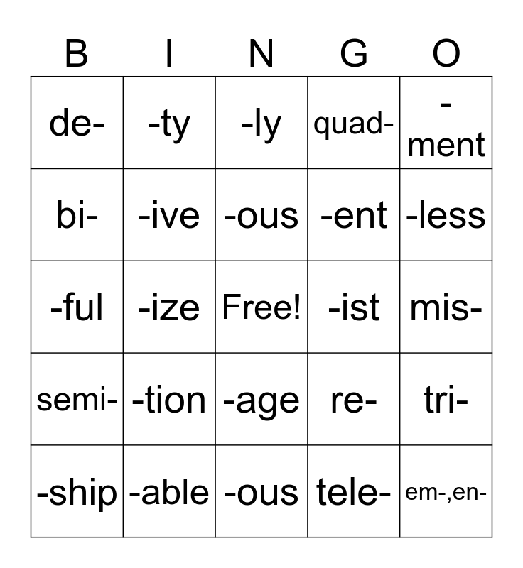 morphology bingo card set 3 Bingo Card
