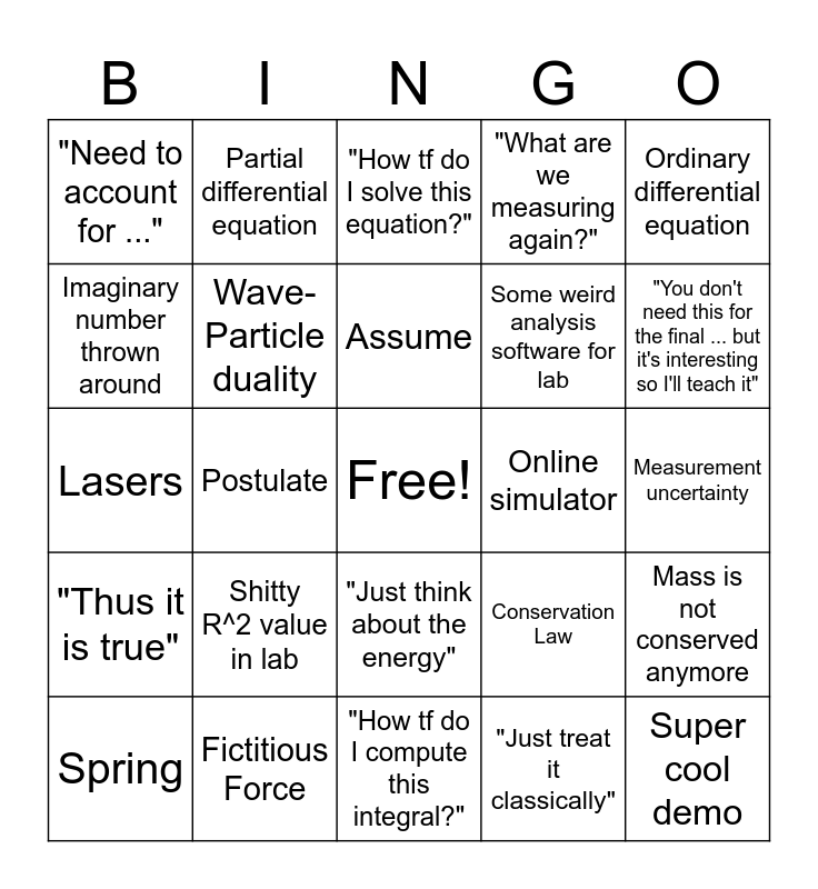 Physics Bingo - part II Bingo Card