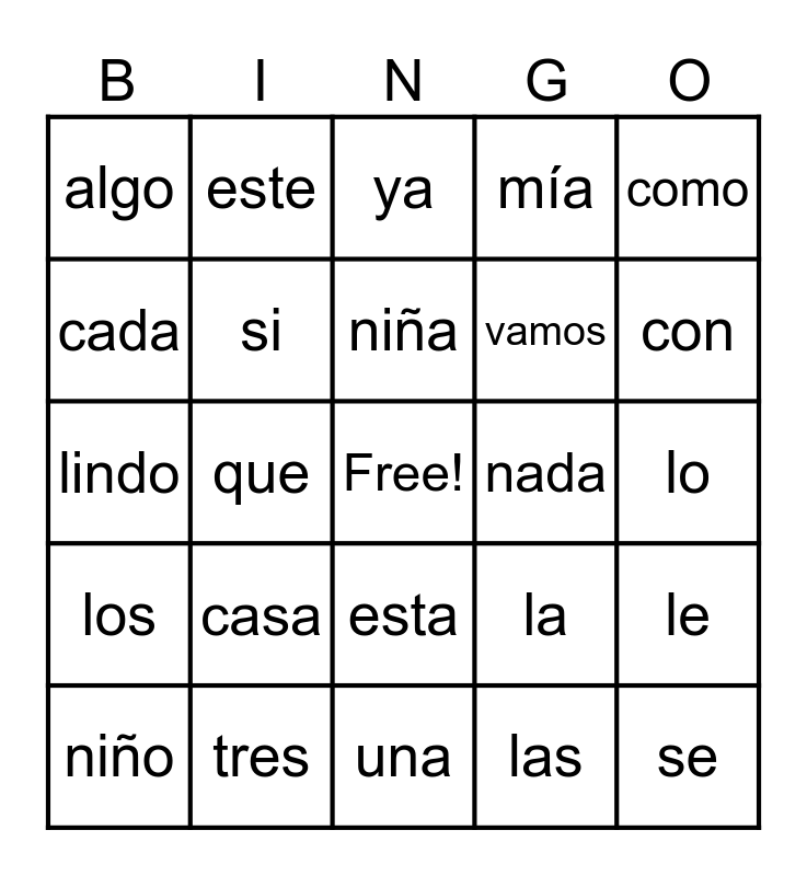 PK Bingo en Español Bingo Card