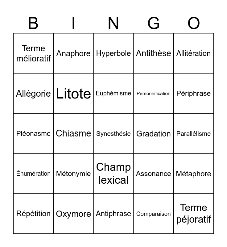 Figures de style Bingo Card