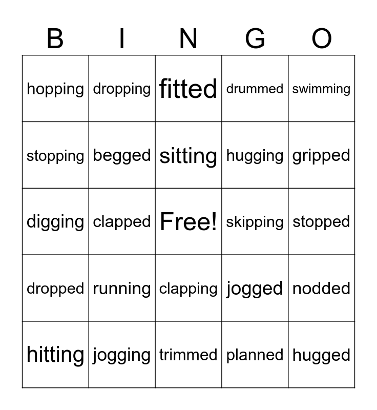 Lesson 107 Doubling Rule -ed, -ing Bingo Card