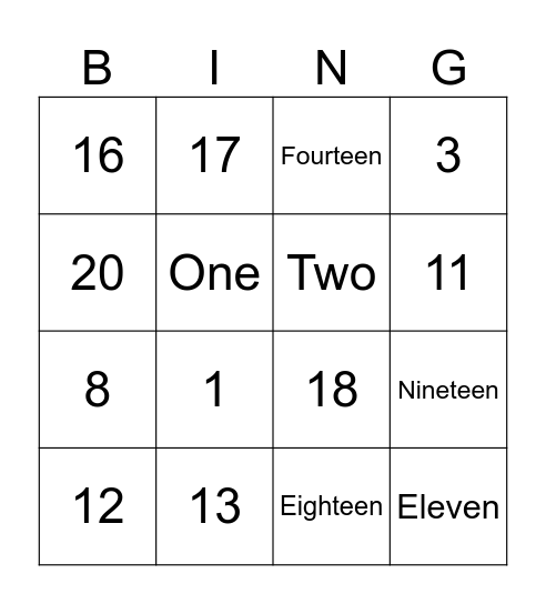 Number Bingo 1-20 Bingo Card