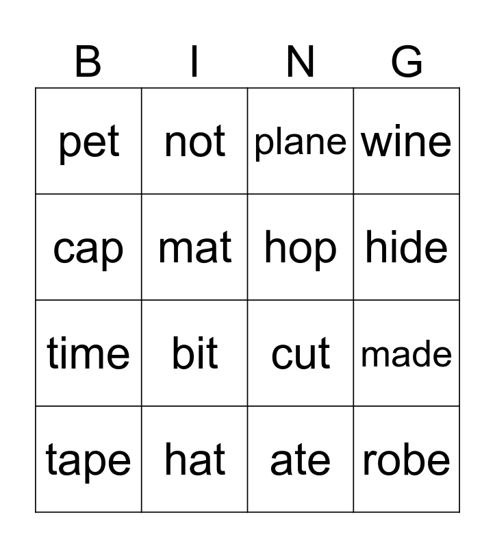 Magic E Bingo Card