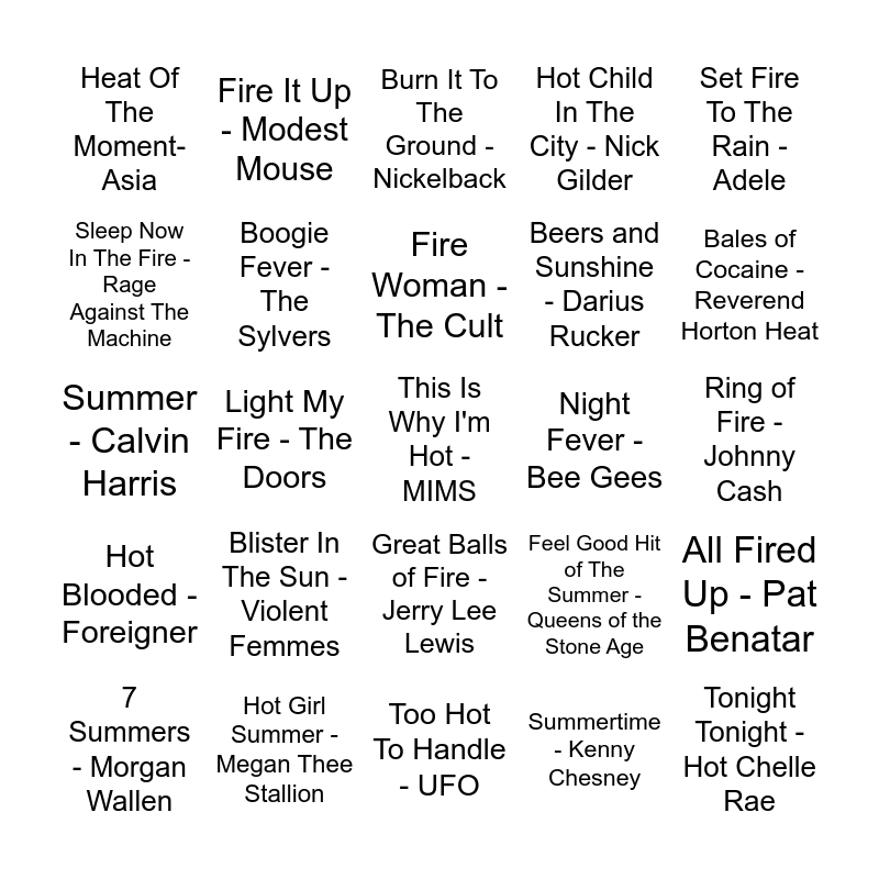 Think Warm Thoughts! Bingo Card