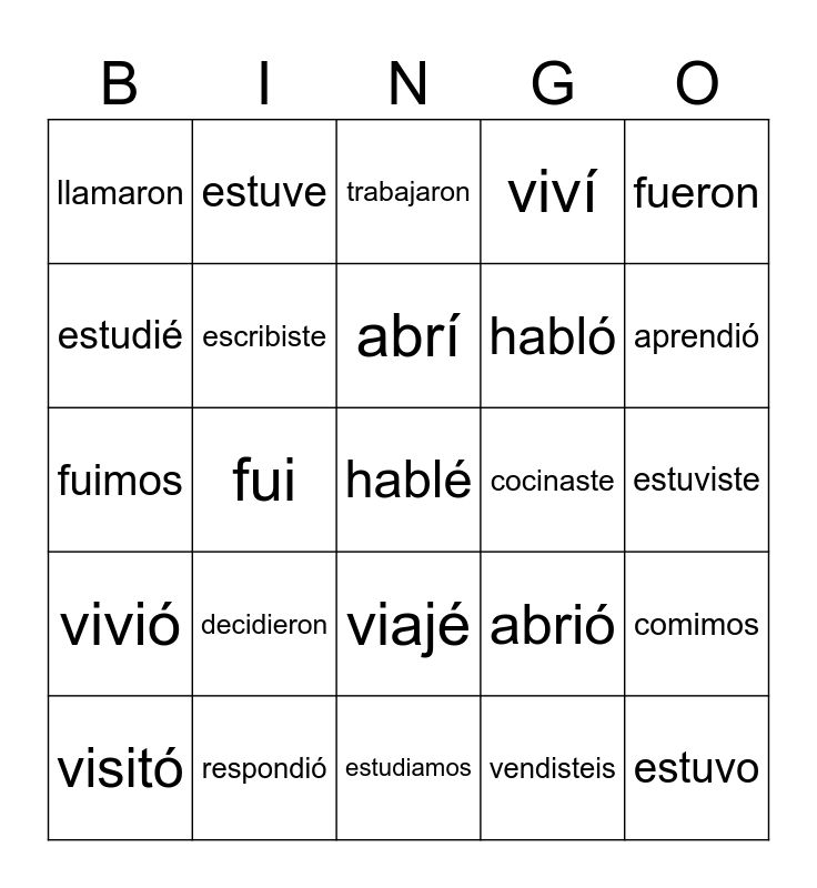 Pretérito Indefinido Bingo Card