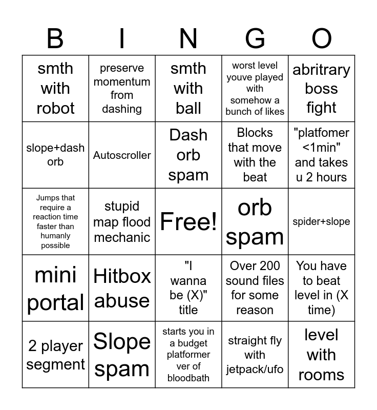 Geometry Dash Platformer Demon bingo Card