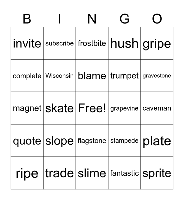 VCE pattern aka silent e Bingo Card