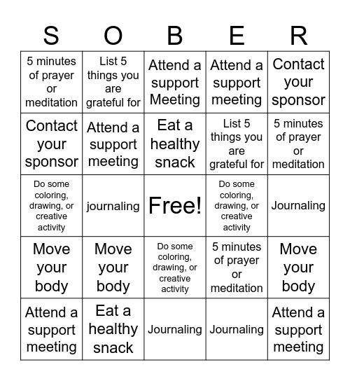 Holiday Recovery Support BINGO (SOBER) Bingo Card