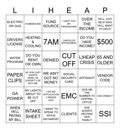LIHEAP Bingo Card