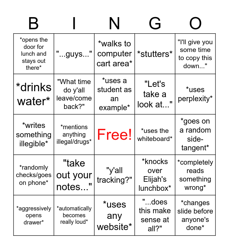 Singleton's Tendencies Bingo Card