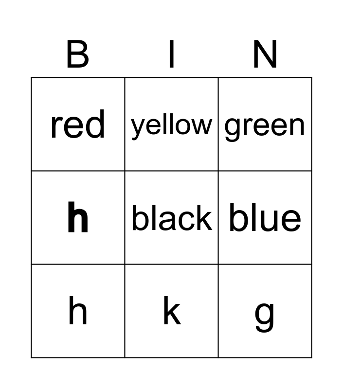 colour Bingo Card