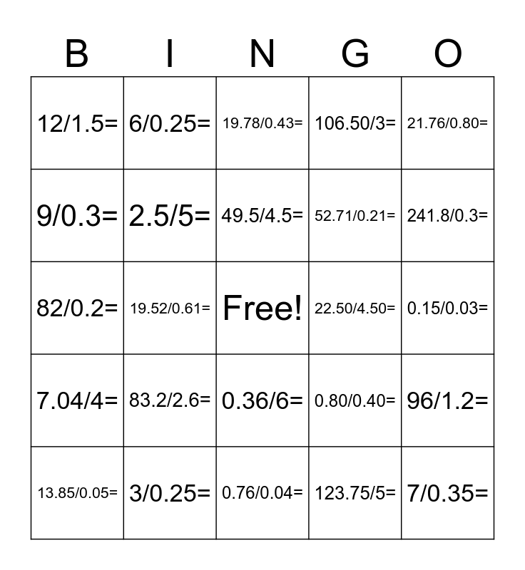 Dividing Decimals Bingo Card
