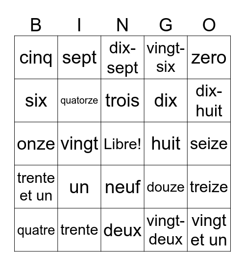 Les nombres de 0-30 Bingo Card