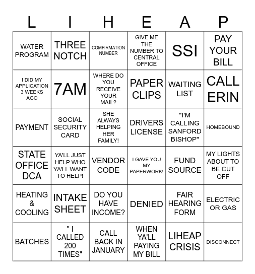 LIHEAP Bingo Card