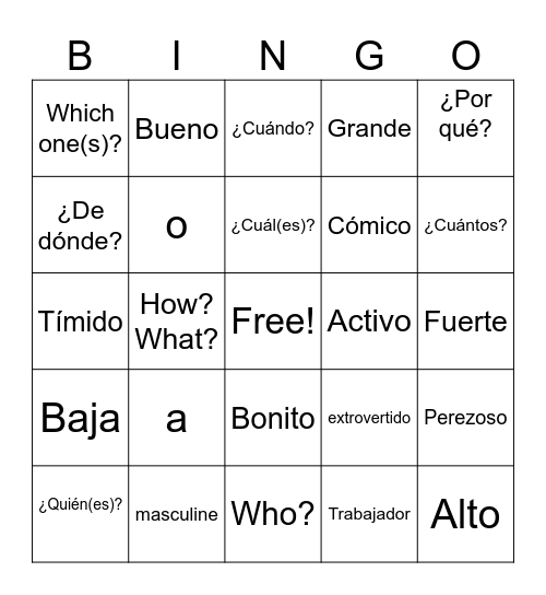 Question Words and Adjectives Bingo Card