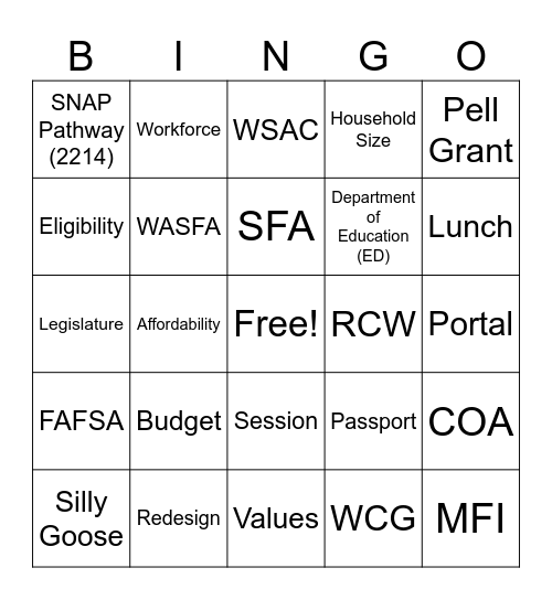 SFA Bingo Card