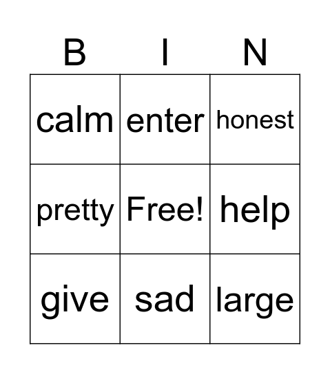 synonym Bingo Card