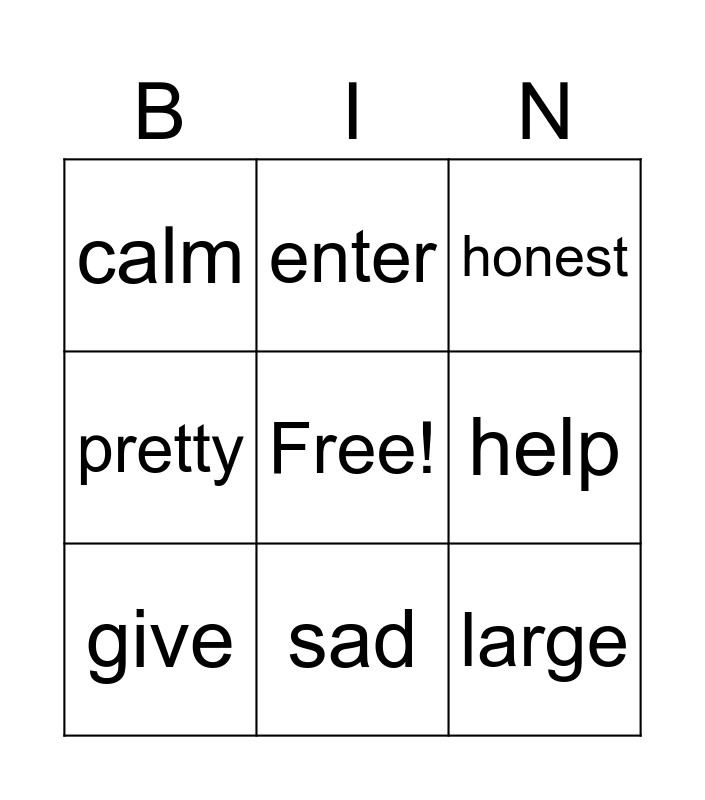 synonym Bingo Card