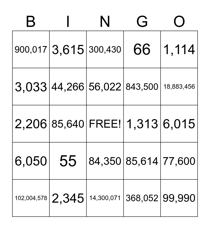 Large Number Bingo Card