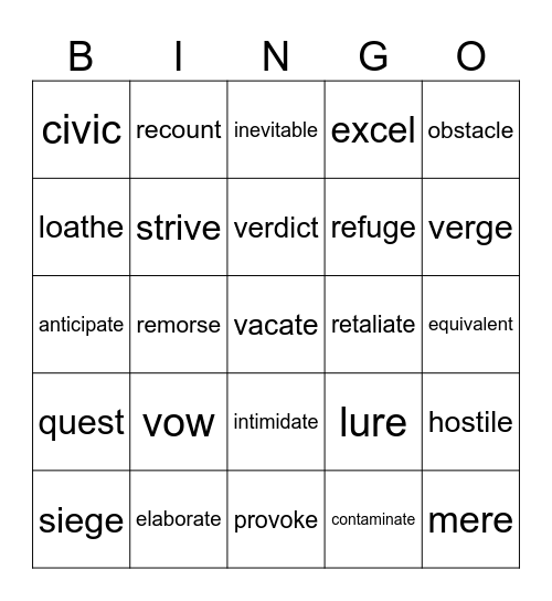 Unit 2 Vocabulary Bingo Card