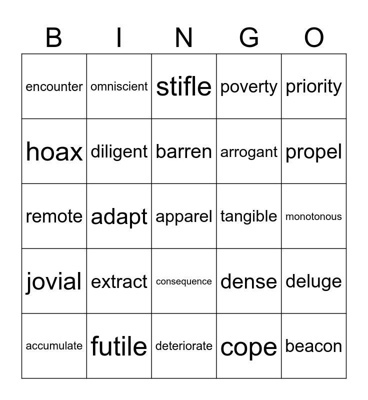 Unit 3 Vocabulary Bingo Card
