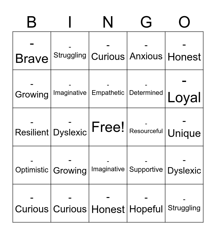 "Fish in a Tree" Bingo Card