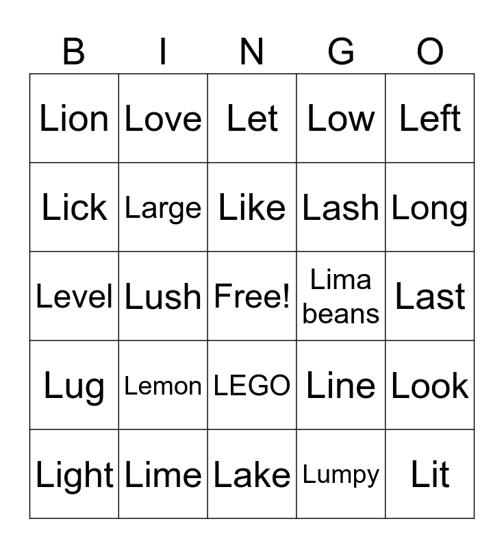 Initial /l/ words Bingo Card