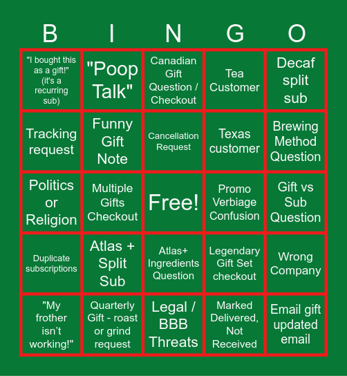 Holiday Phone Call Bingo Card