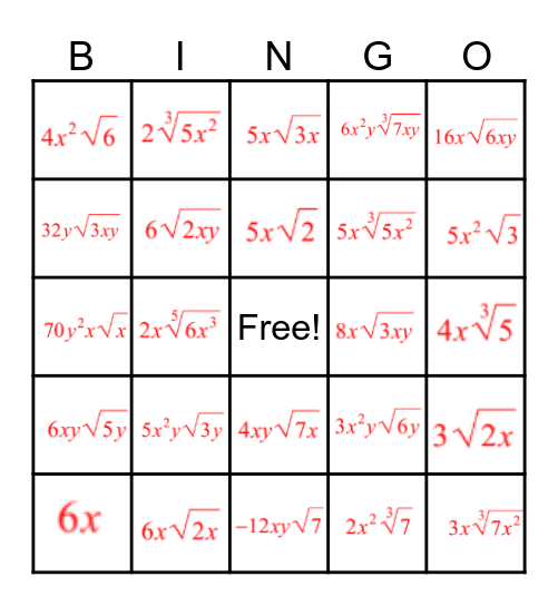 Simplifying Radicals Bingo Card