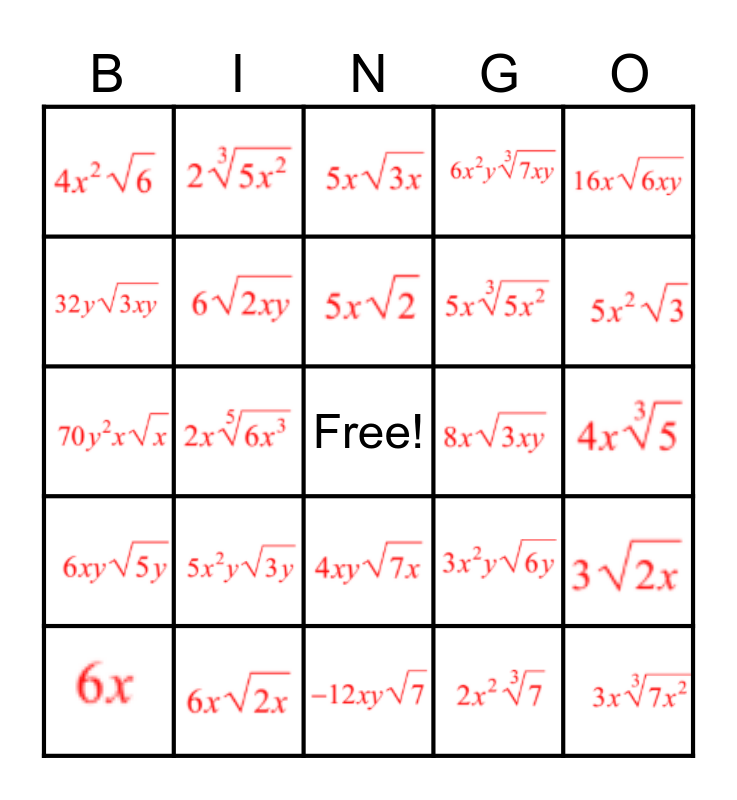 Simplifying Radicals Bingo Card