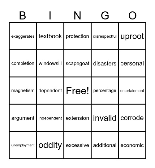 Rewards Units 1-12 Bingo Card