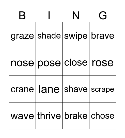 VCE Bingo Card
