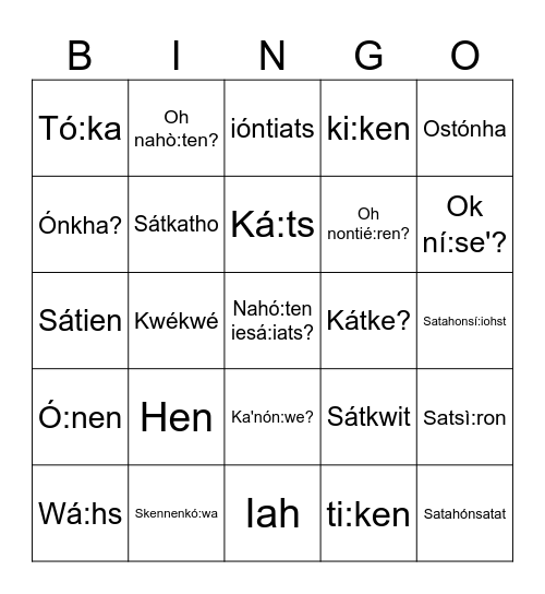 Kanien’kehá Bingo - Common Words and Phrases Bingo Card