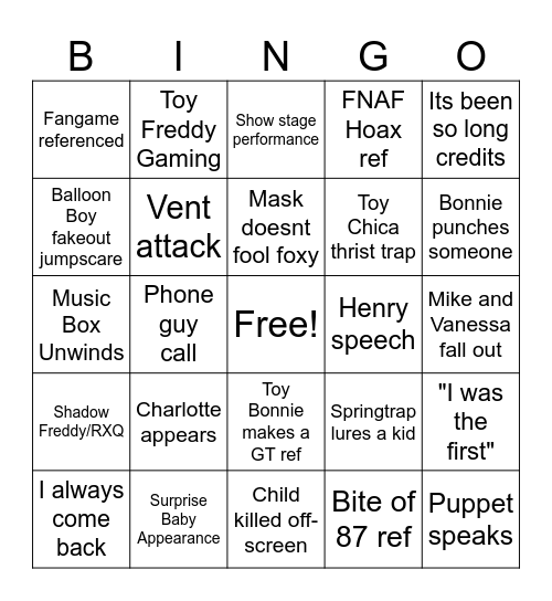 FNAF 2 Bingo Card