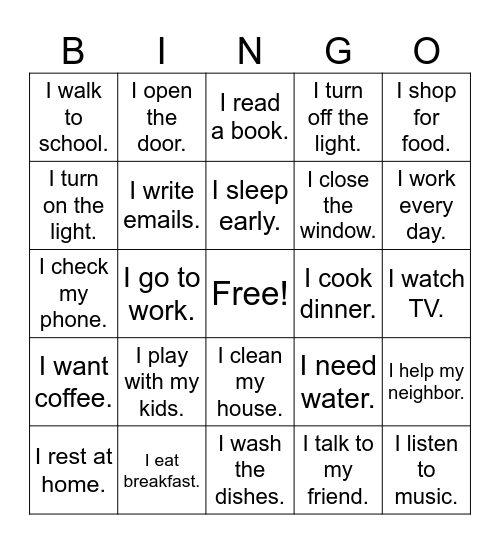 Simple Present Tense Sentences Bingo Card
