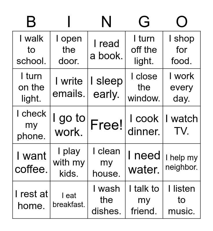 Simple Present Tense Sentences Bingo Card