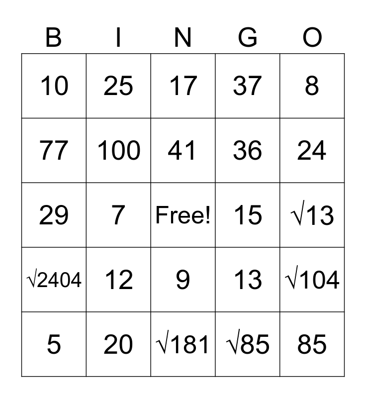 Pythagorean Bingo Card Bingo Card