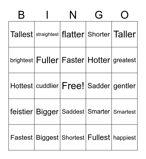 SPELLING BINGO (ER and EST WORDS) Bingo Card