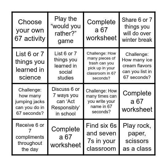 67 Days of School Honey Pot Challenge Bingo Card
