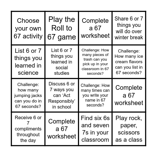 67 Days of School Honey Pot Challenge Bingo Card