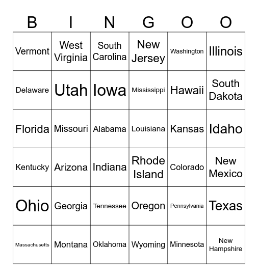 50 States Bingo Card