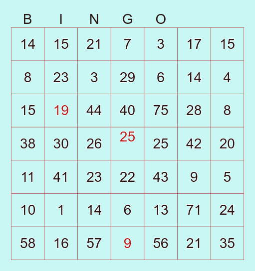 Number Bingo 1-25 Bingo Card