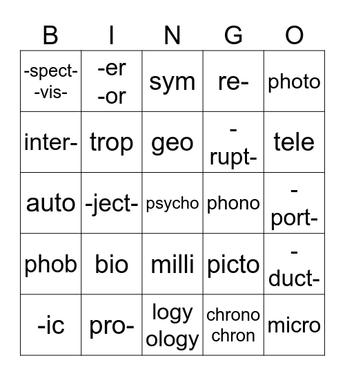 Greek combining forms & affixes Bingo Card