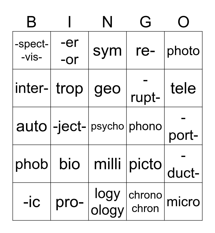 Greek combining forms & affixes Bingo Card
