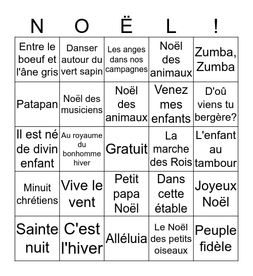 Chansons de NOËL Bingo Card