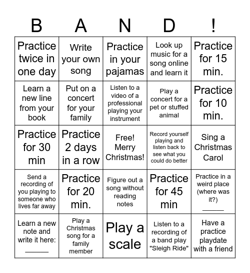 Christmas Break Band Bingo Card