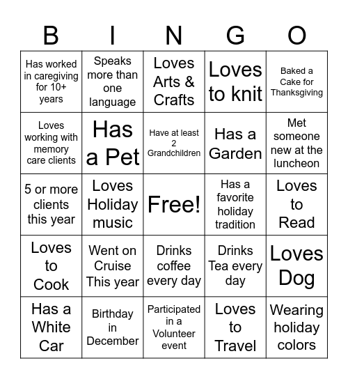 Seniors Helping Seniors Bingo Card