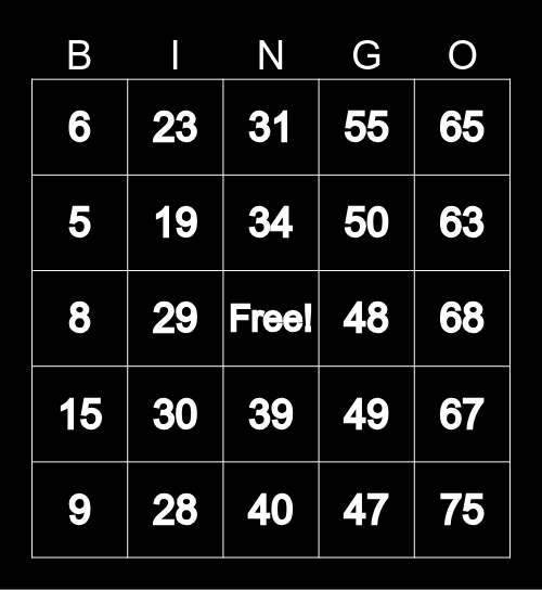 Number Bingo 1-75 Bingo Card