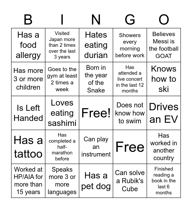 Get to know you Bingo Card