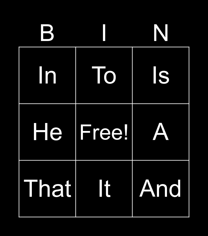 Sight Words Bingo Card